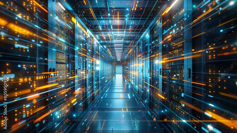 Binary stream, flow of information. Concept of blade server, storage, big data. modern mainframe ...