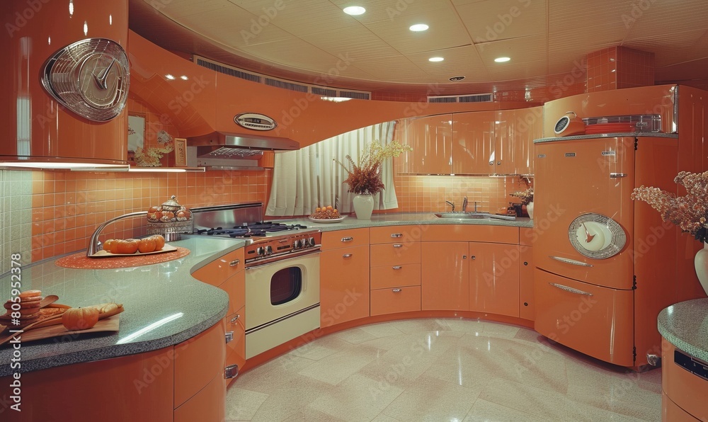 Vintage kitchen from the 1970 era with retro appliances and round ...