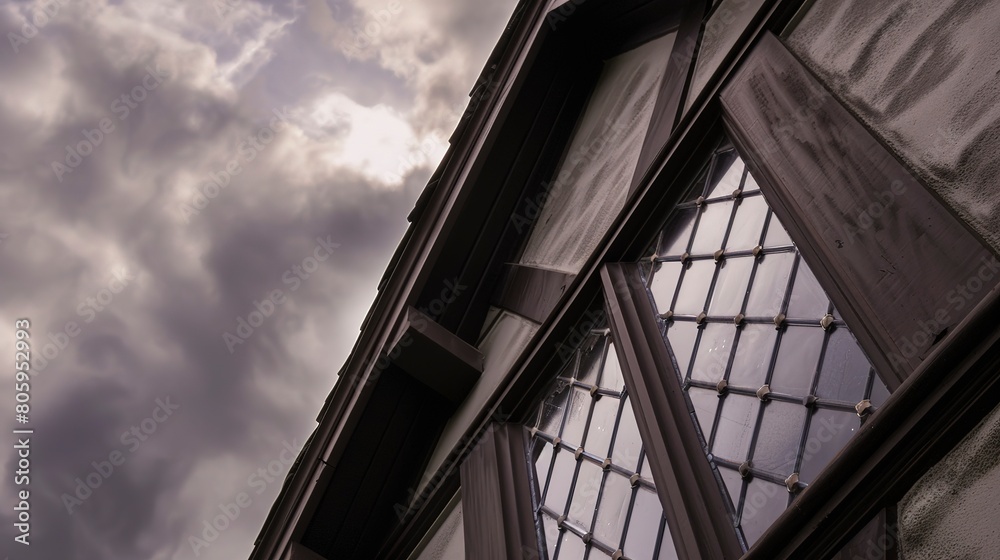 Tudor style home, leaded window close-up, diamond patterns, cloudy ...