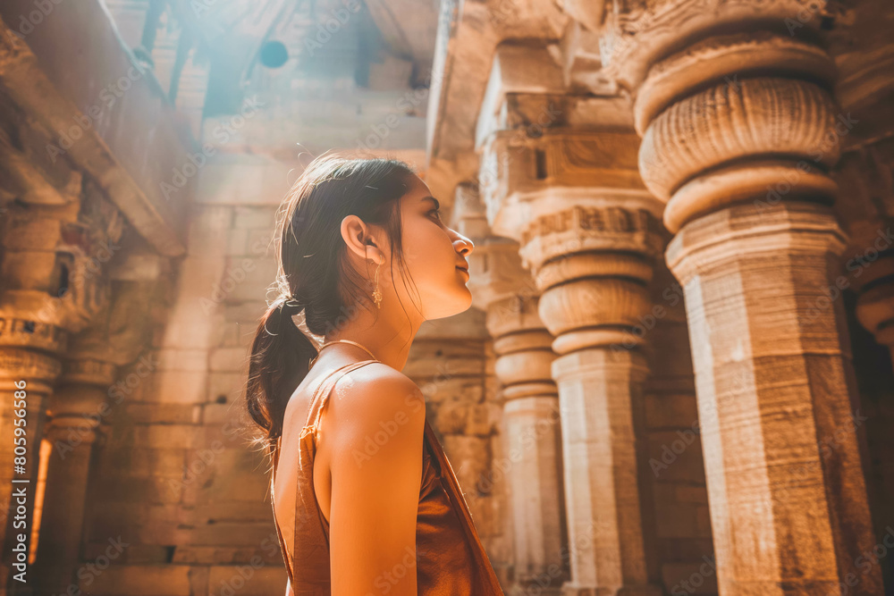 A young Indian woman exploring the architecture of a historic cathedral ...