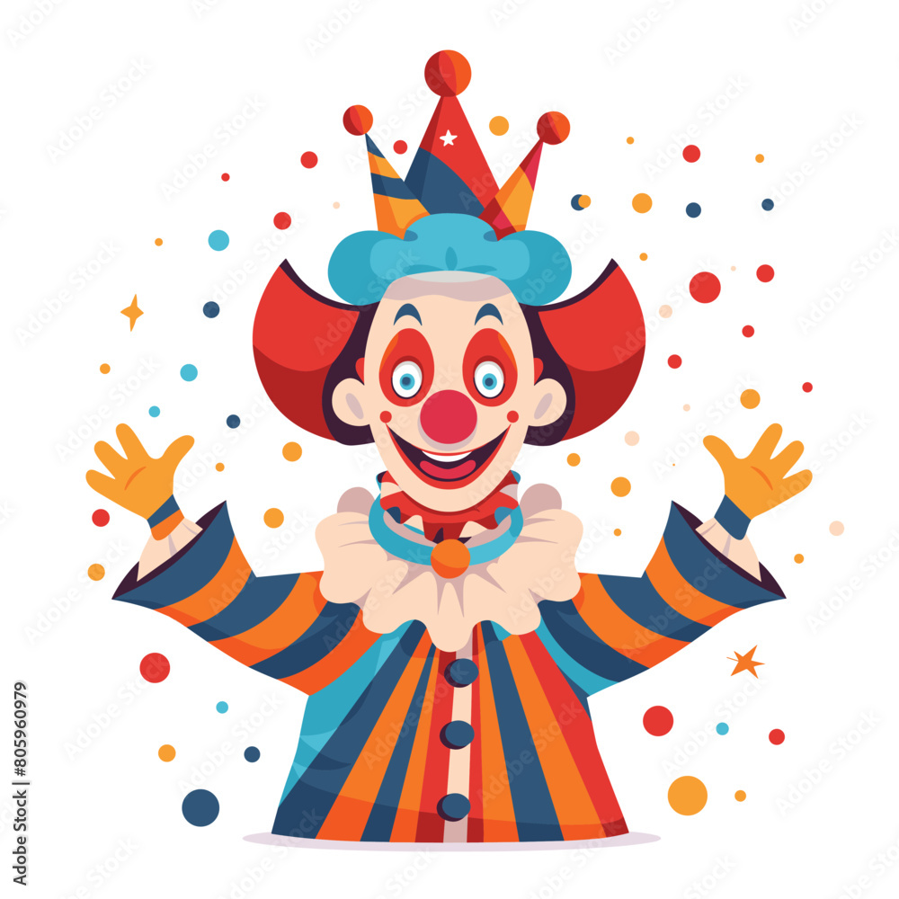 Joyful cartoon clown celebrating, colorful confetti background, circus ...