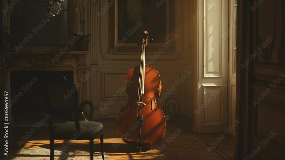Classical Cello in Dimly Lit Room A classical cello positioned in a ...
