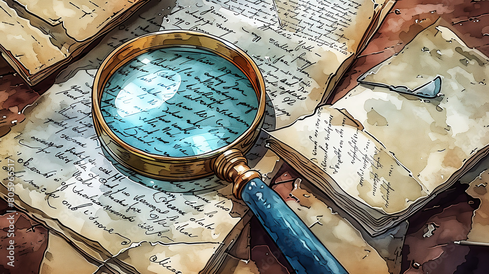Magnifying glass on papers and documents. Research and study concept ...
