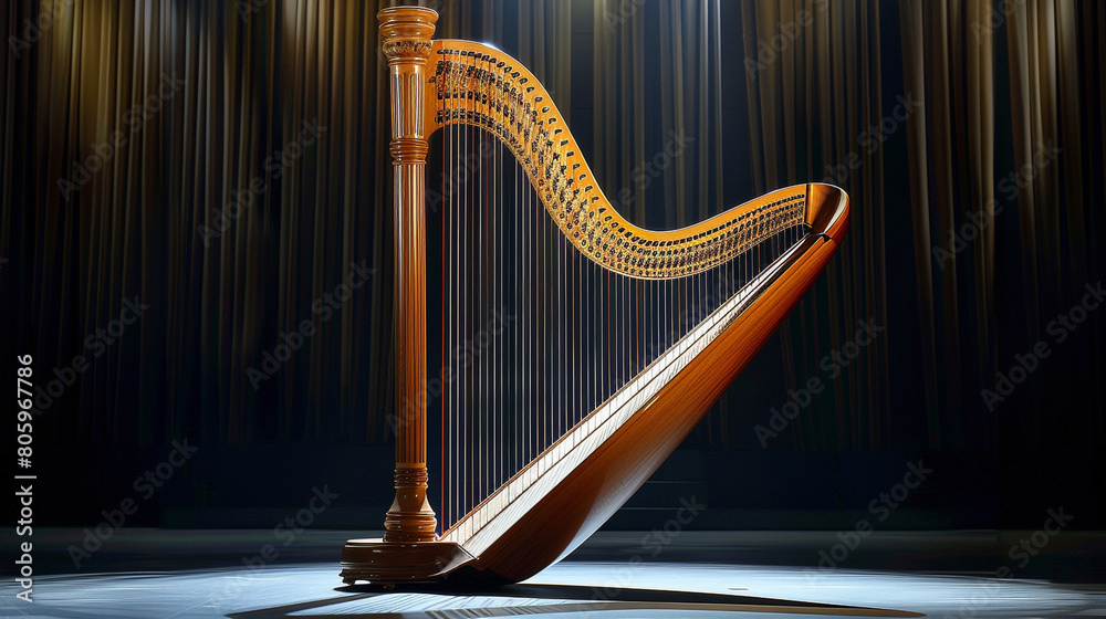 Enchanting Harp A concert harp bathed in soft stage lighting its ...