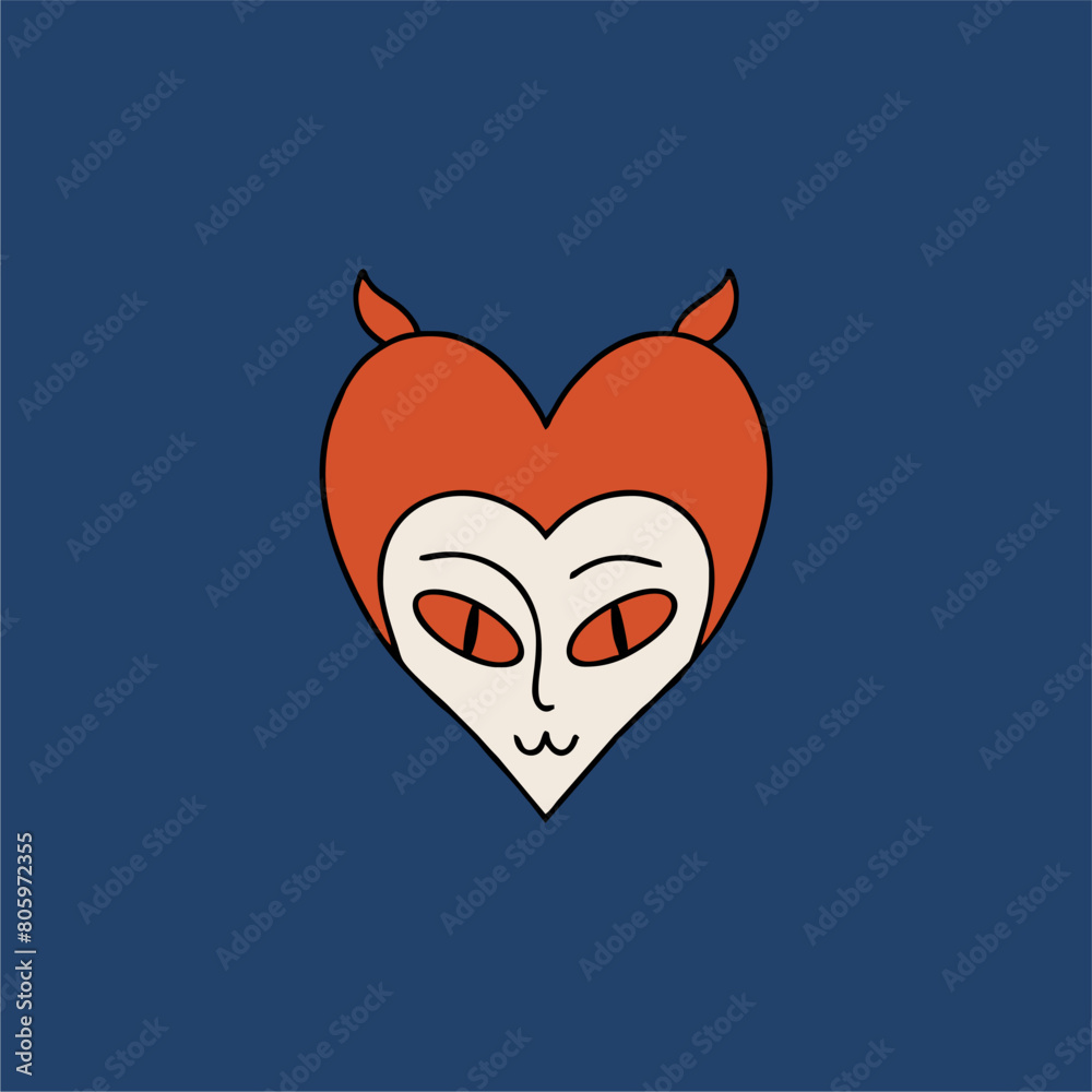 Retro psychedelic poster from the 70s-60s. Heart with a face, devil ...