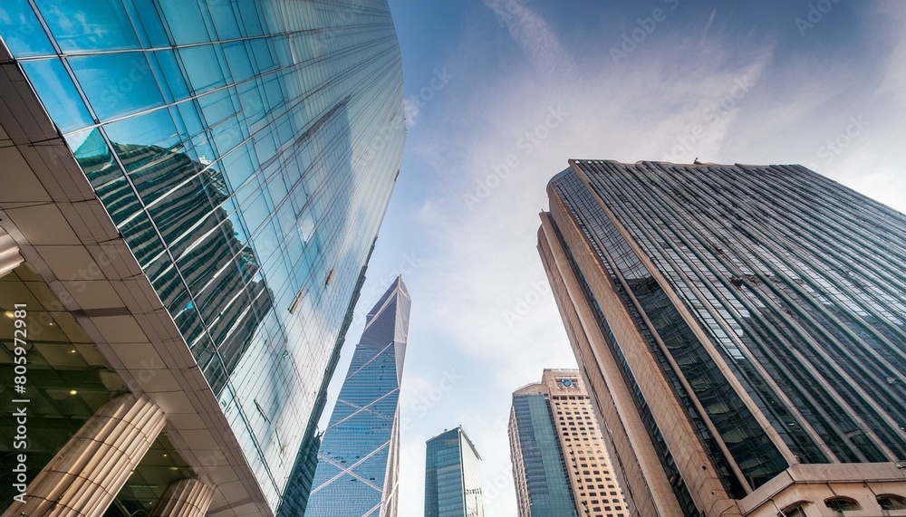 reflective skyscraper business office buildings, captured from a bottom ...