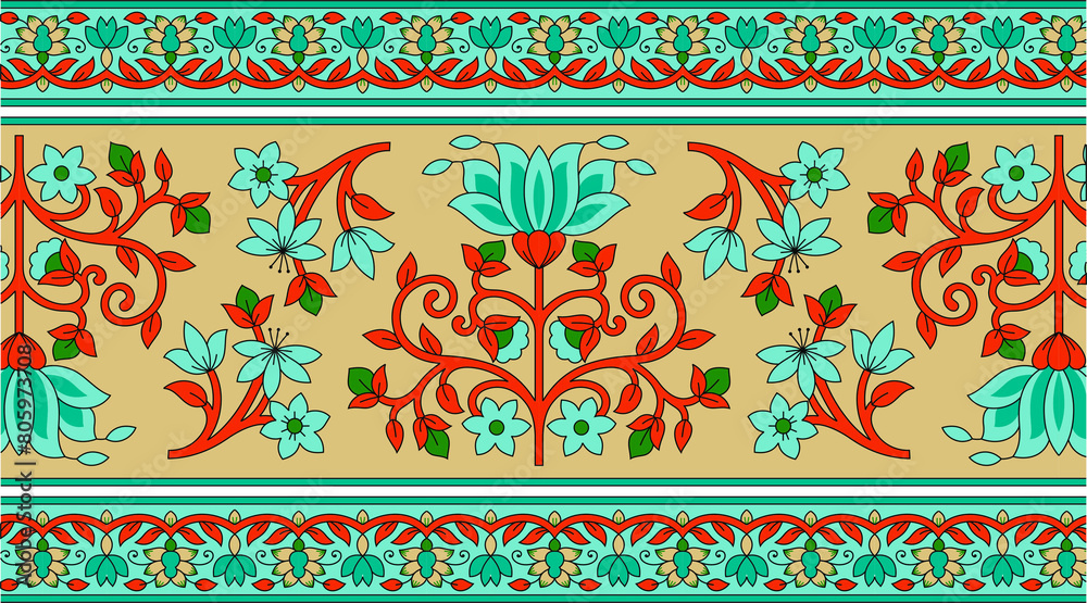 colorful kalamkari flower leaves border design. Stock Illustration ...