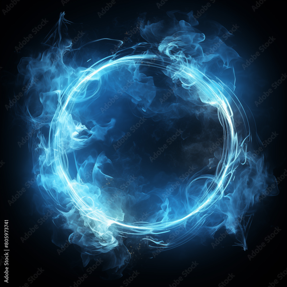 Blue glowing ring on a dark background. Blue energy circle, glowing ...