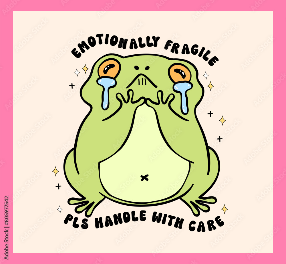 Groovy Retro frog crying emotionally fragile handle with care vibrant ...
