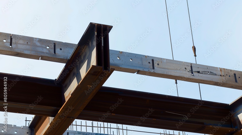 Construction site, steel beam joints close-up, sharp details, clear sky ...