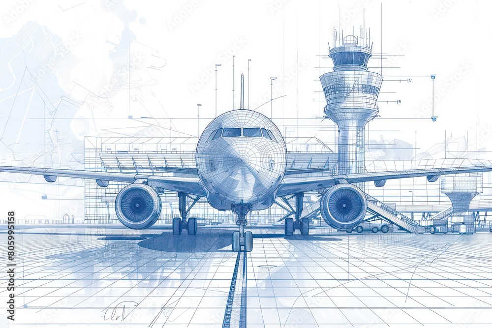 digital blueprint drawing of airplane parking near terminal building ...