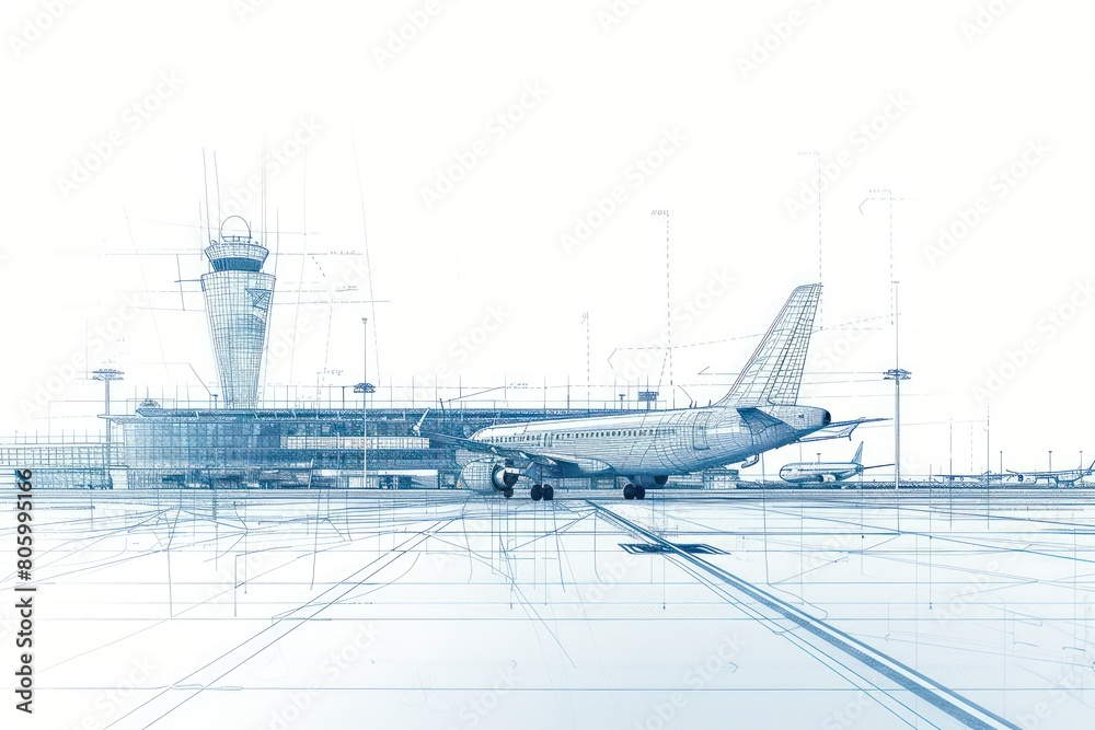 digital blueprint drawing of airplane parking near terminal building ...