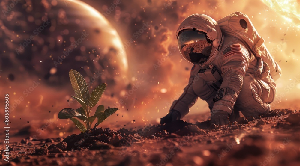 Astronaut in spacesuit planting a tree on Mars. The concept of ...