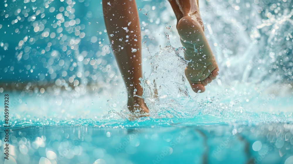 Refreshing Water Splash in Pool: Close-up of a person's feet splashing ...