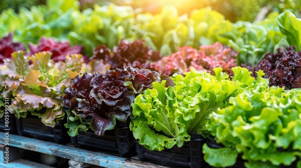 Fresh and colorful varieties of lettuce displayed at a farmer's market ...