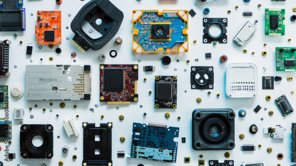Broken electronic parts arranged artistically on a stark white ...