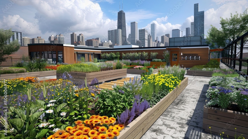 Modern urban rooftop apiary with beehives, pollinator-friendly plants ...