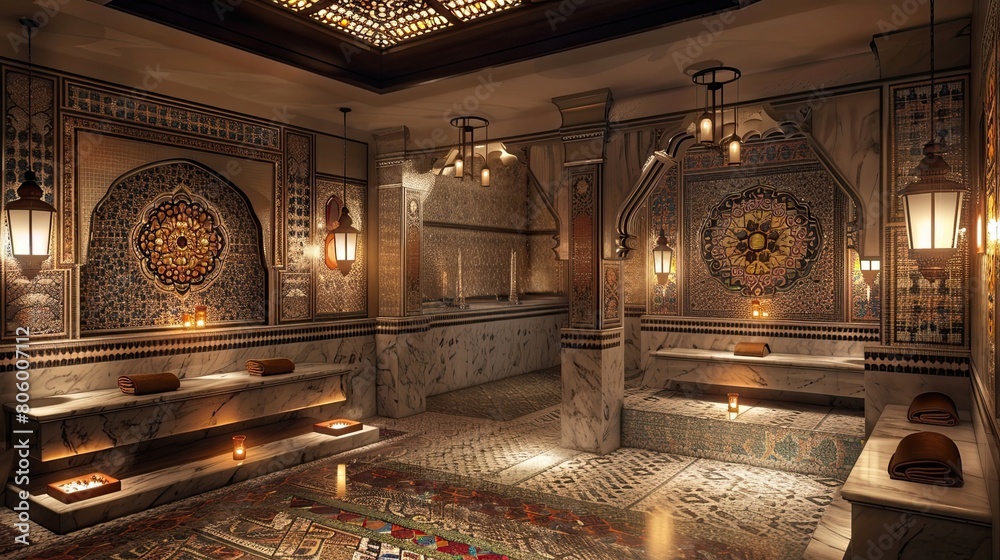 Moroccan-inspired hammam spa with mosaic tilework, marble benches, and ...