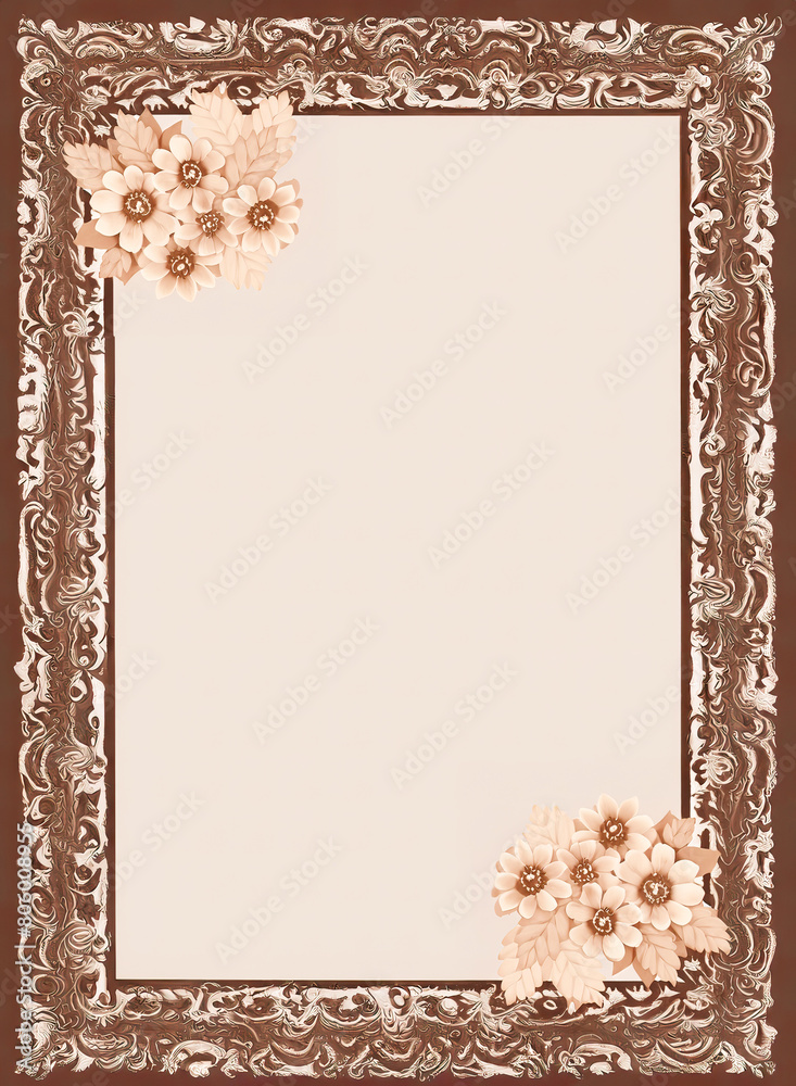 Sepia frame with flowers. Ornamental floral frame with bouquet and ...