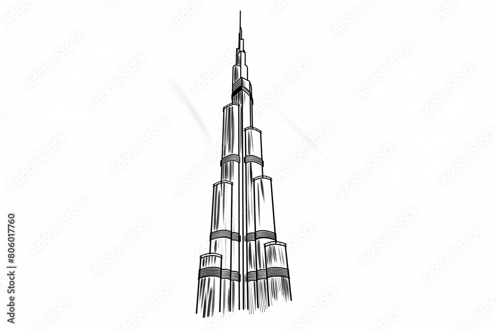 Black and white line drawing illustration of Burj Khalifa, the world's ...