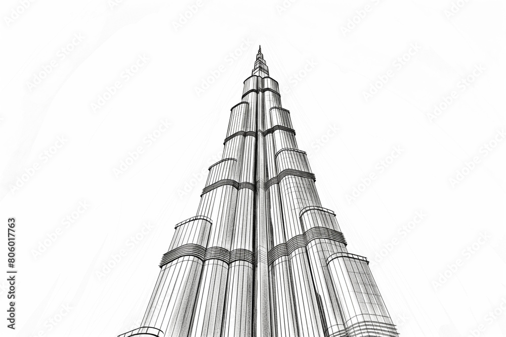 Black and white line drawing illustration of Burj Khalifa, the world's ...