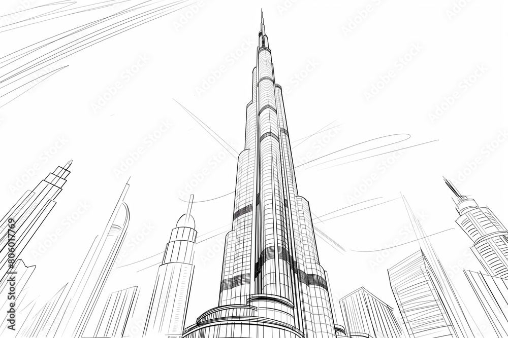 Black and white line drawing illustration of Burj Khalifa, the world's ...