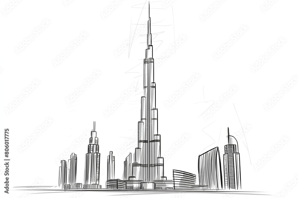Black and white line drawing illustration of Burj Khalifa, the world's ...