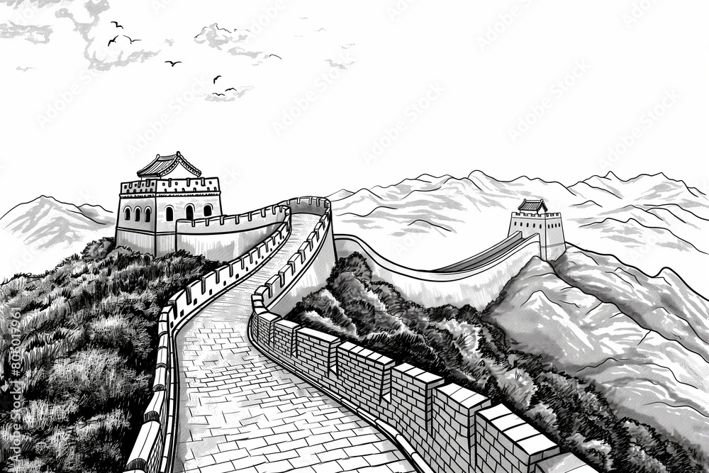 Black and white line drawing illustration of Great wall of China, one ...