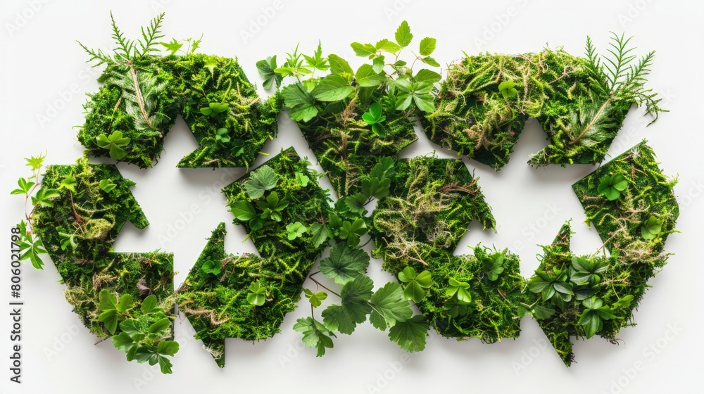 The image shows a recycle symbol made of green leaves and plants on a ...