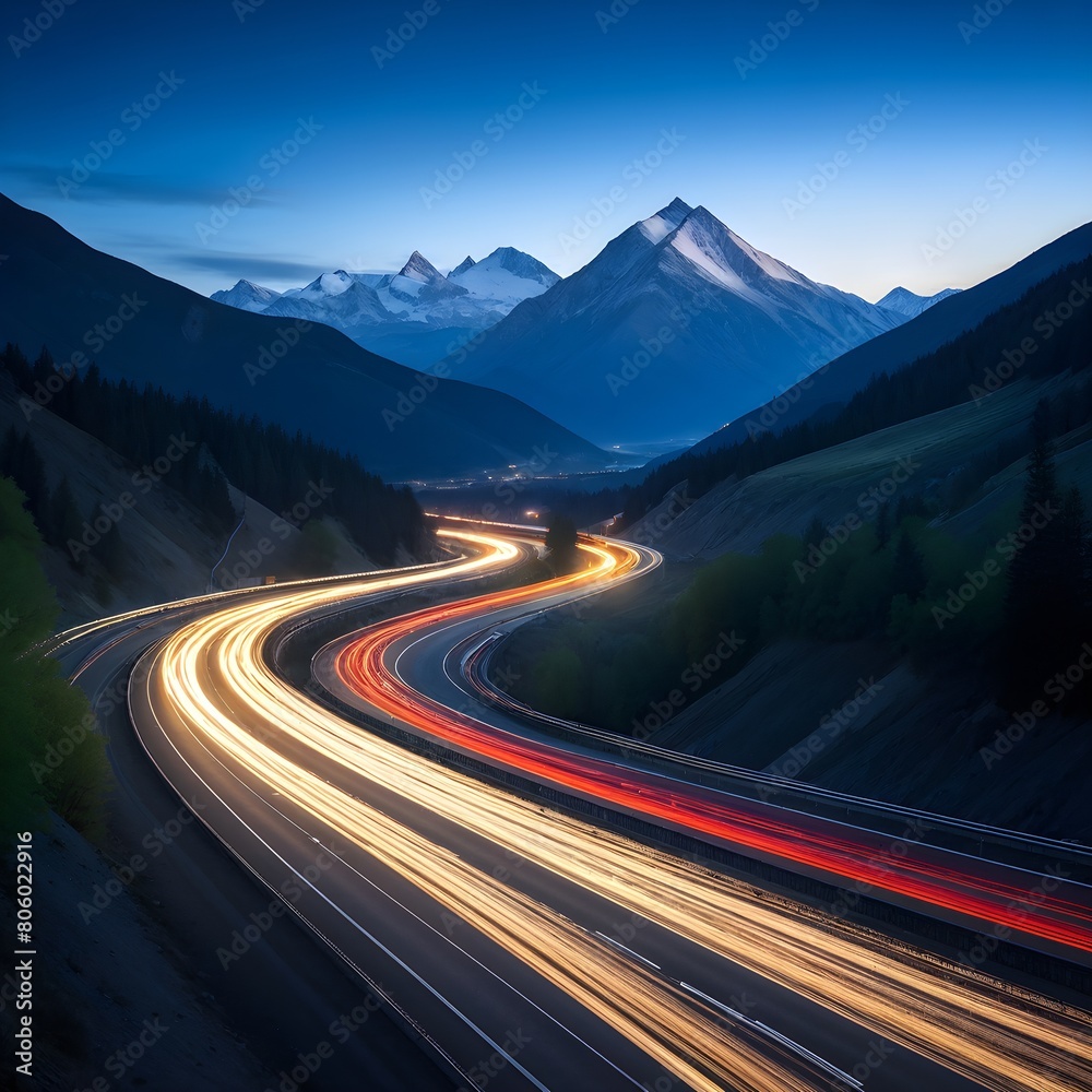 busy highway winding through a mountain range with dynamic flow of ...