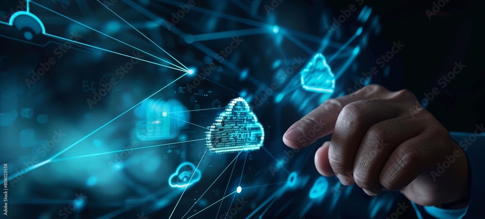 A businessman uses his finger to touch the digital screen for biometric ...