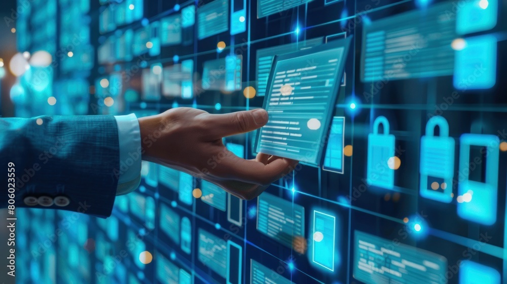 Documents management information system concept, Businessman using ...