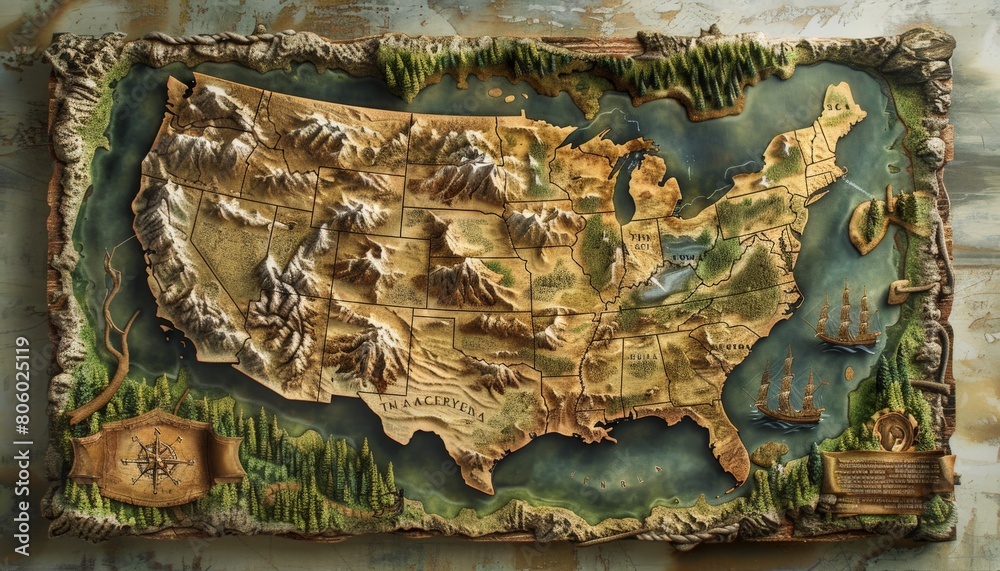 state map of America ,USA Craft a 3D-rendered, photorealistic close-up ...