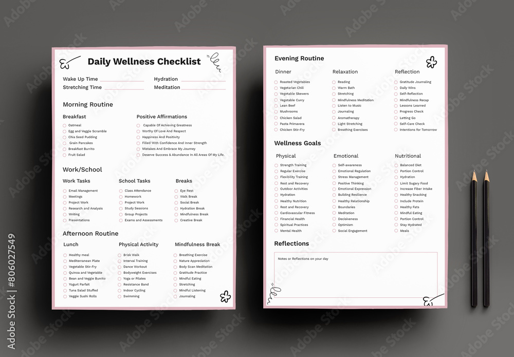 Daily Wellness Checklist Template Stock Template | Adobe Stock