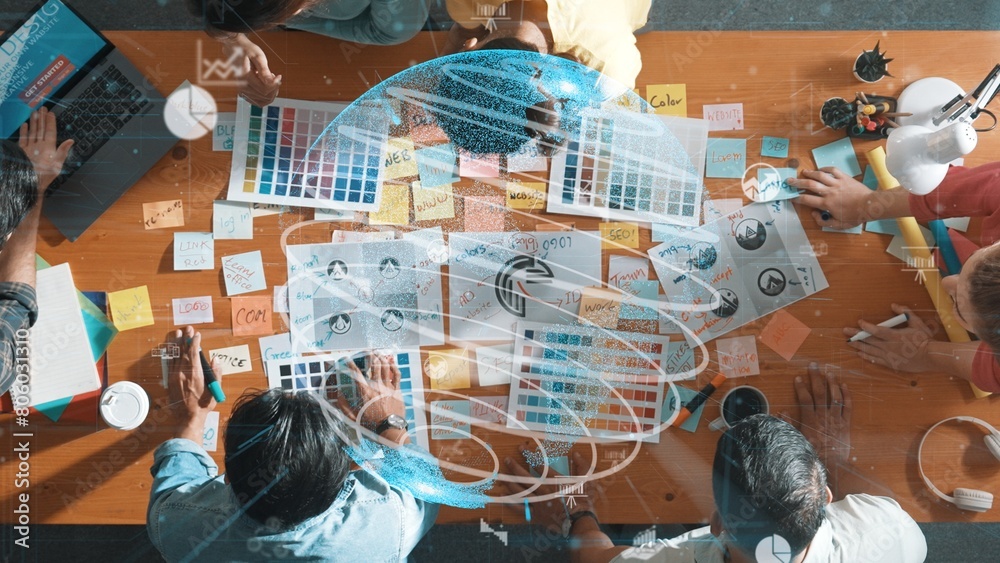 Top view of creative designer working together brainstorming idea by ...