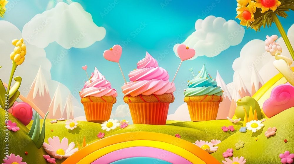 A delightful scene of cartoon cupcakes frolicking in a rainbow-colored ...