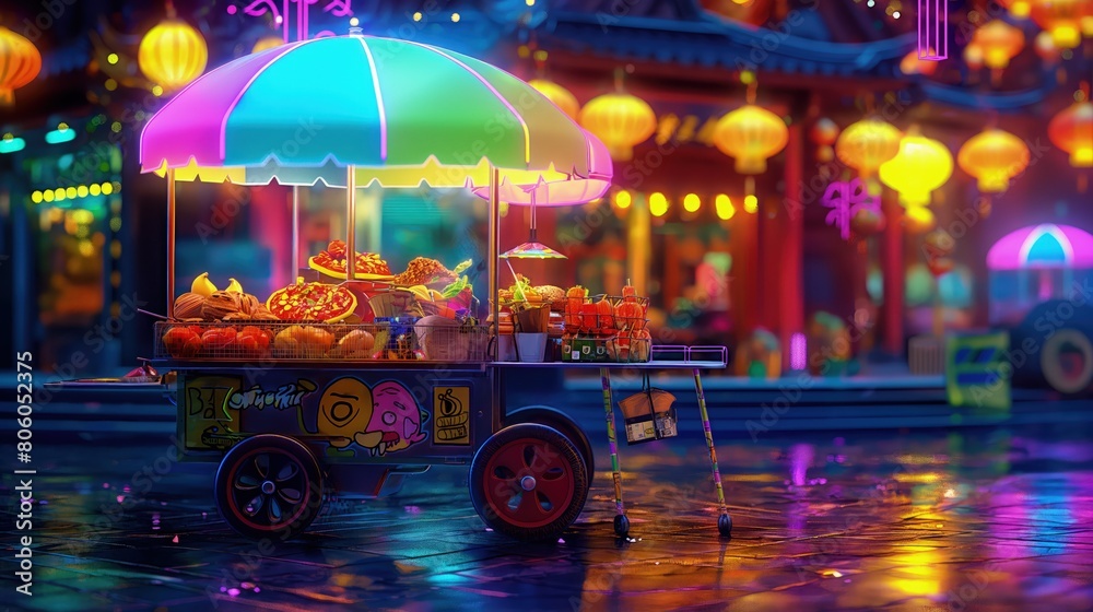 A detailed scene of a street food vendor at a night market, with a ...