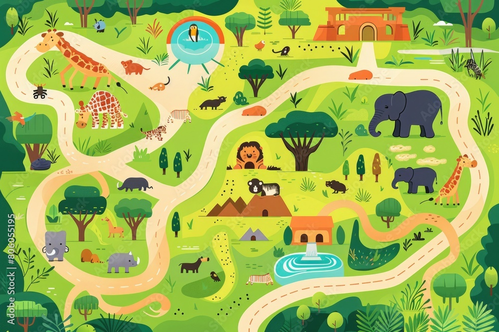 Flat and Cartoon Zoo Map for Children. Colorful Animal Illustrations ...