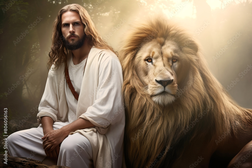 Jesus Christ with a confident gaze by the lion. Jesus Christ - the lion ...