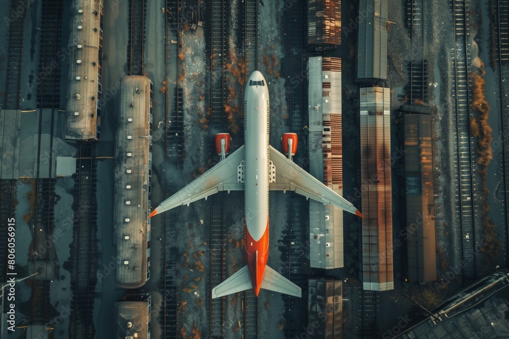 Aerial view airplane flight above port cargo freight rail road trains ...