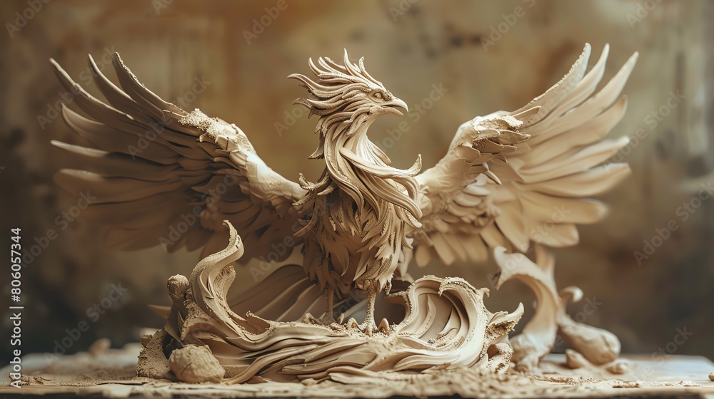 Craft a clay sculpture of a mythical phoenix rising from the ashes ...