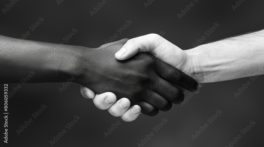 Elegant depiction of a handshake between a black and a white hand set ...