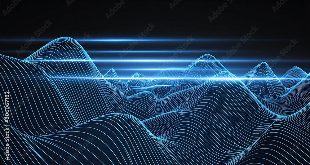 Multiple bright blue light lines animated moving across a dark ...