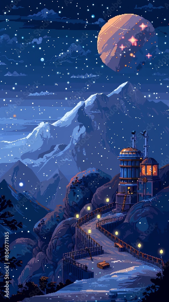 Generate a pixel art image of a mountain landscape with a large moon ...