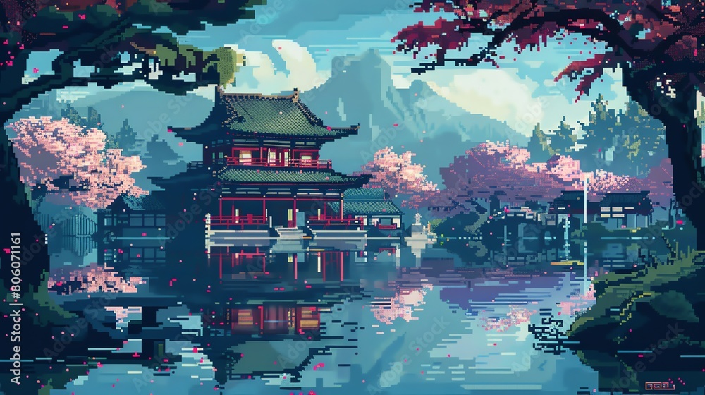 A beautiful pixel art of a traditional Japanese house surrounded by ...