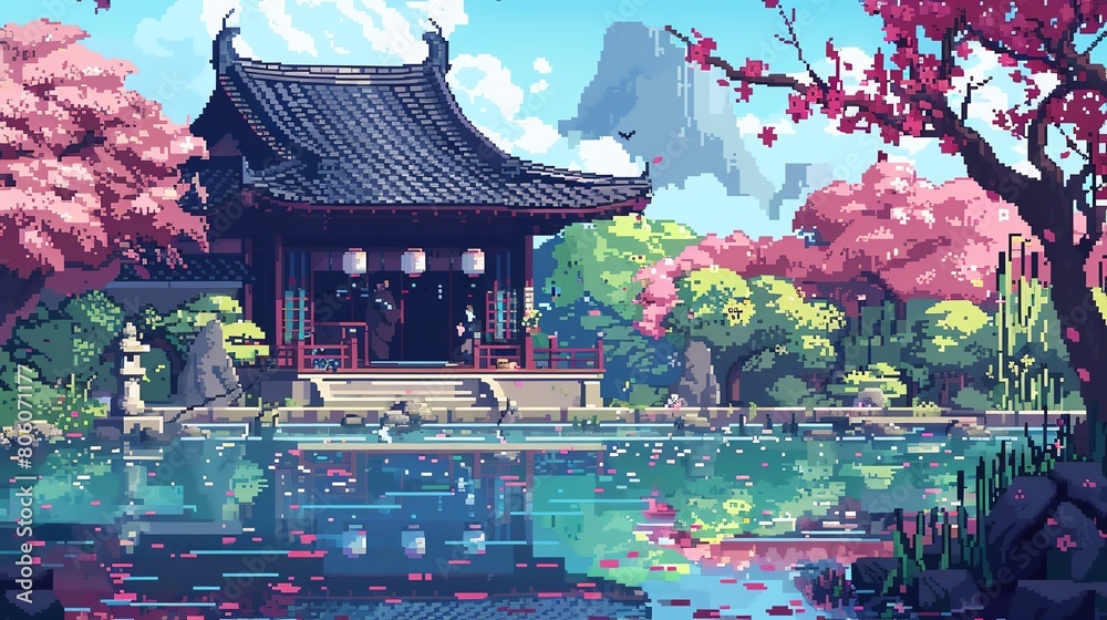 A beautiful pixel art image of a traditional Japanese house. The house ...