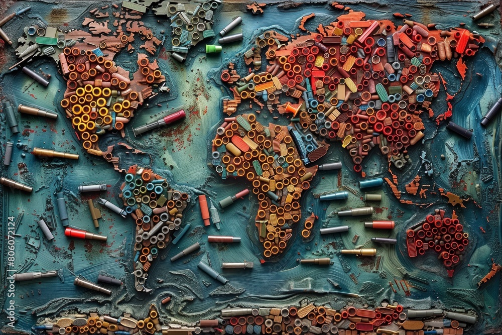 Weapons cartridges world map war concept of militarization of the ...