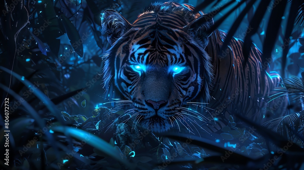 Illustrate a Robotic Tiger prowling through a dense digital jungle, its ...