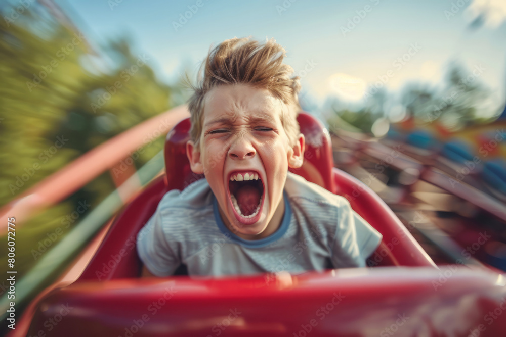 Young boy screaming with excitement on roller coaster ride at amusement ...