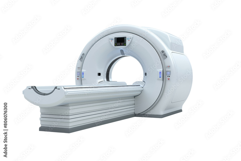 A white MRI machine with a screen on the front. The machine is large ...